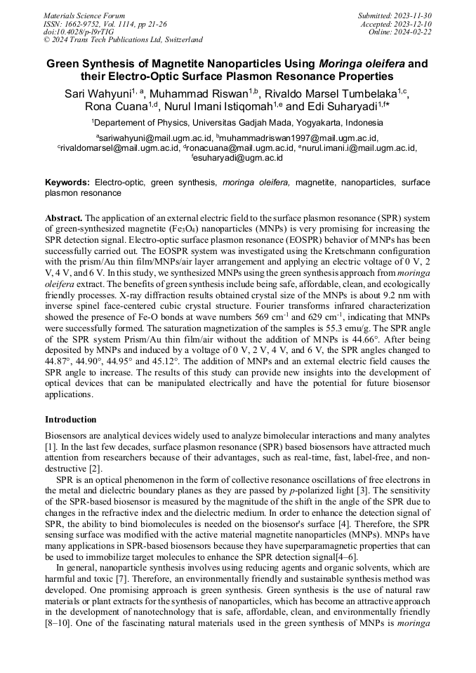 Green Synthesis of Magnetite Nanoparticles Using Moringa oleifera and ...