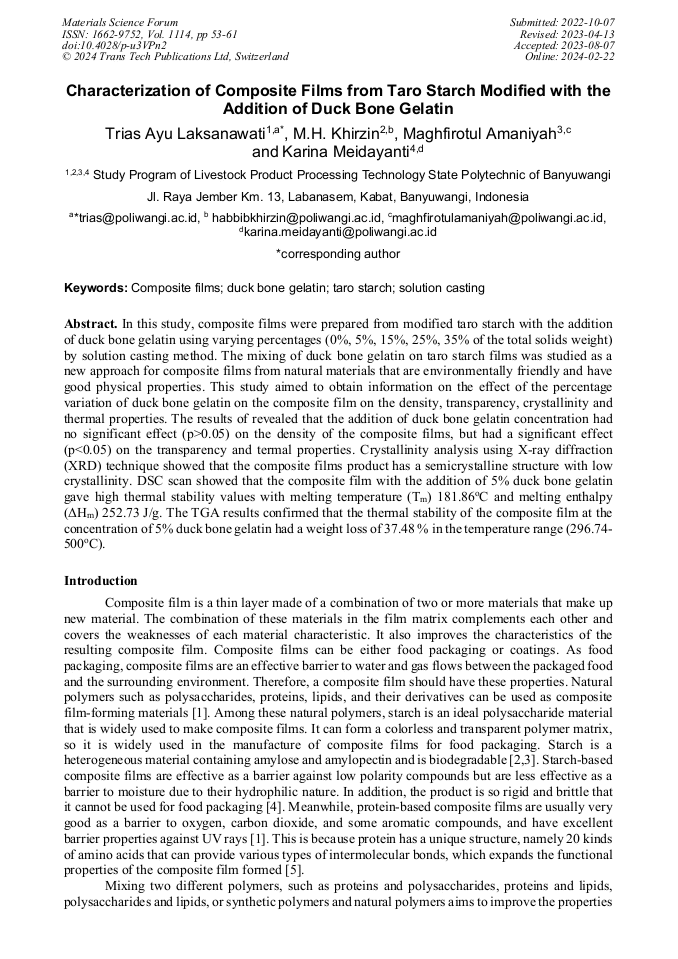 Characterization of Composite Films from Taro Starch Modified with the ...