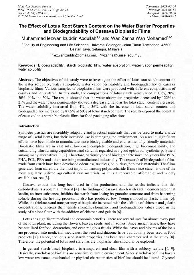 The Effect of Lotus Root Starch Content on the Water Barrier Properties ...