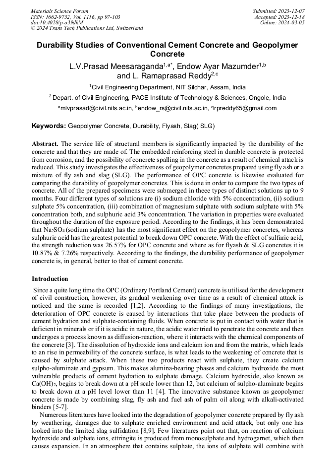 Durability Studies of Conventional Cement Concrete and Geopolymer ...