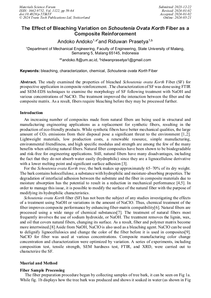 The Effect of Bleaching Variation on Schoutenia Ovata Korth Fiber as a ...