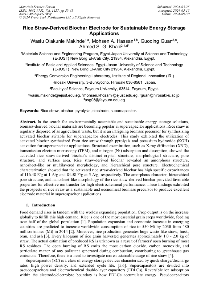 Rice Straw-Derived Biochar Electrode for Sustainable Energy Storage ...
