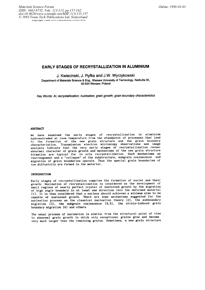 Early Stages of Recrystallization in Aluminium | Scientific.Net
