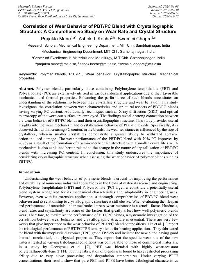Correlation of Wear Behavior of PBT/PC Blend with Crystallographic ...