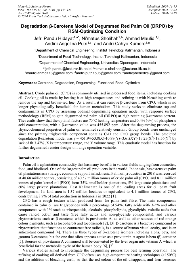 Degradation β-Carotene Model of Degummed Red Palm Oil (DRPO) by RSM ...