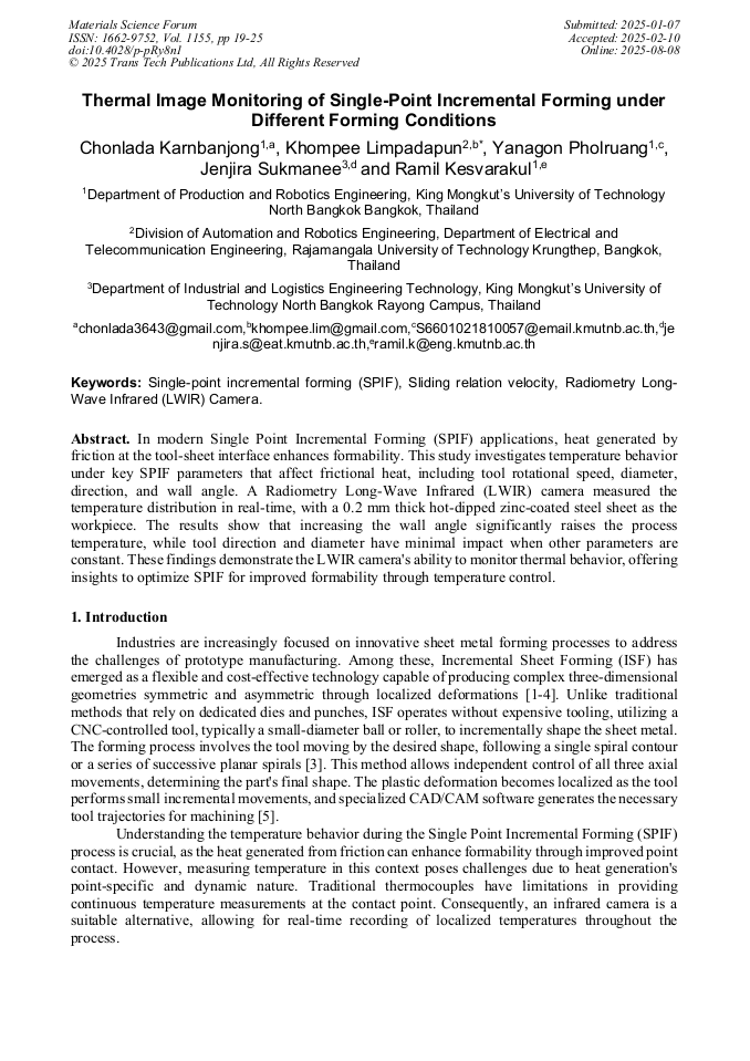 Thermal Image Monitoring of Single-Point Incremental Forming under ...