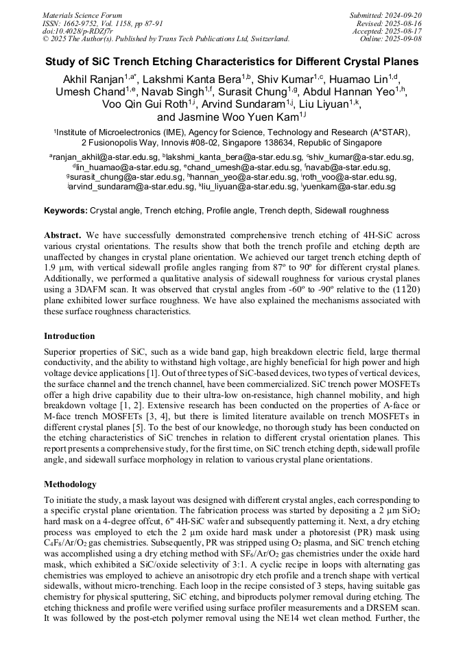 Study of SiC Trench Etching Characteristics for Different Crystal ...