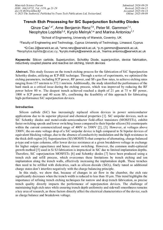 Trench Etch Processing for SiC Superjunction Schottky Diodes ...