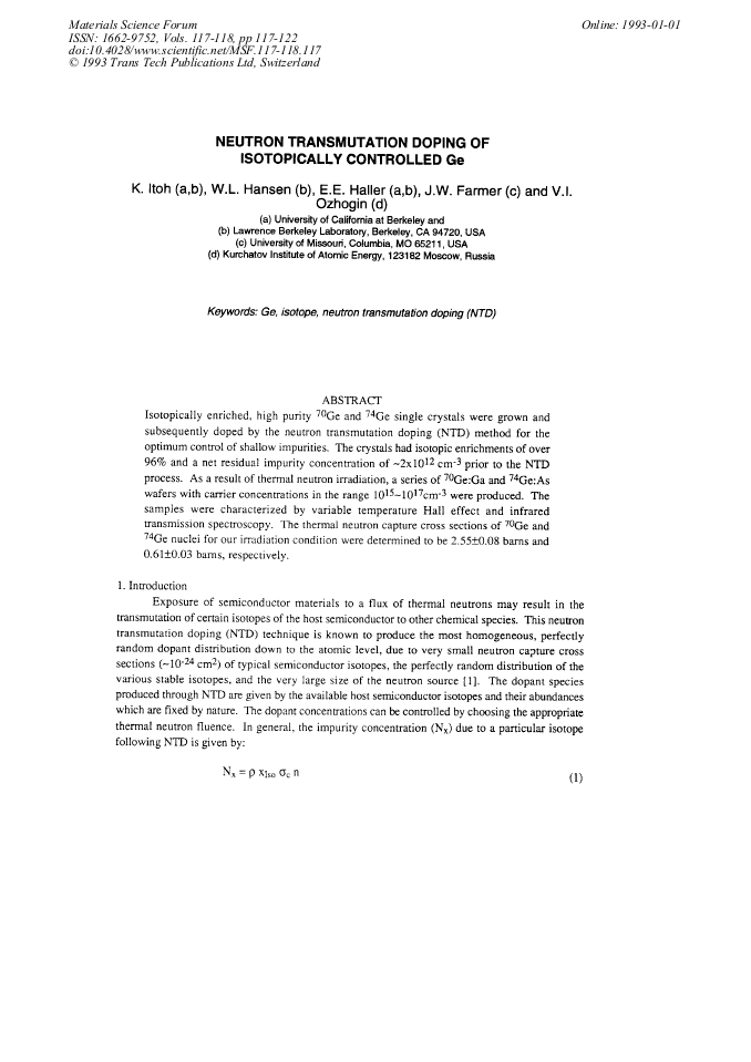 Neutron Transmutation Doping of Isotopically Controlled Ge | Scientific.Net