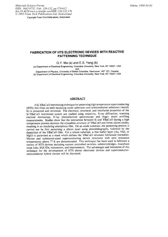 Fabrication of HTS Electronic Devices with Reactive Patterning ...