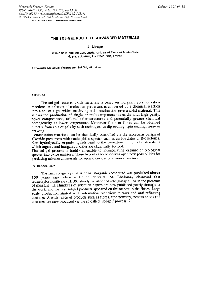 The Sol-Gel Route to Advanced Materials | Scientific.Net