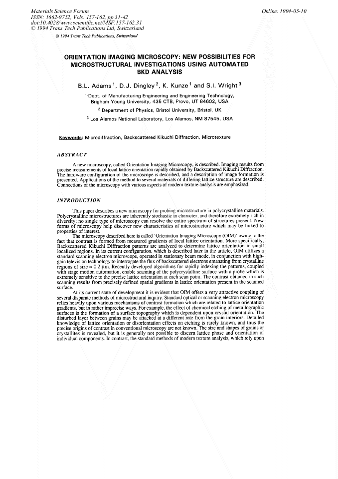 Orientation Imaging Microscopy: New Possibilities for Microstructural ...
