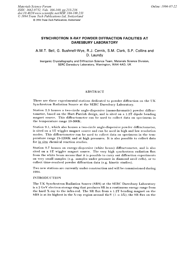 Synchrotron X-Ray Powder Diffraction Facilities at Daresbury Laboratory ...