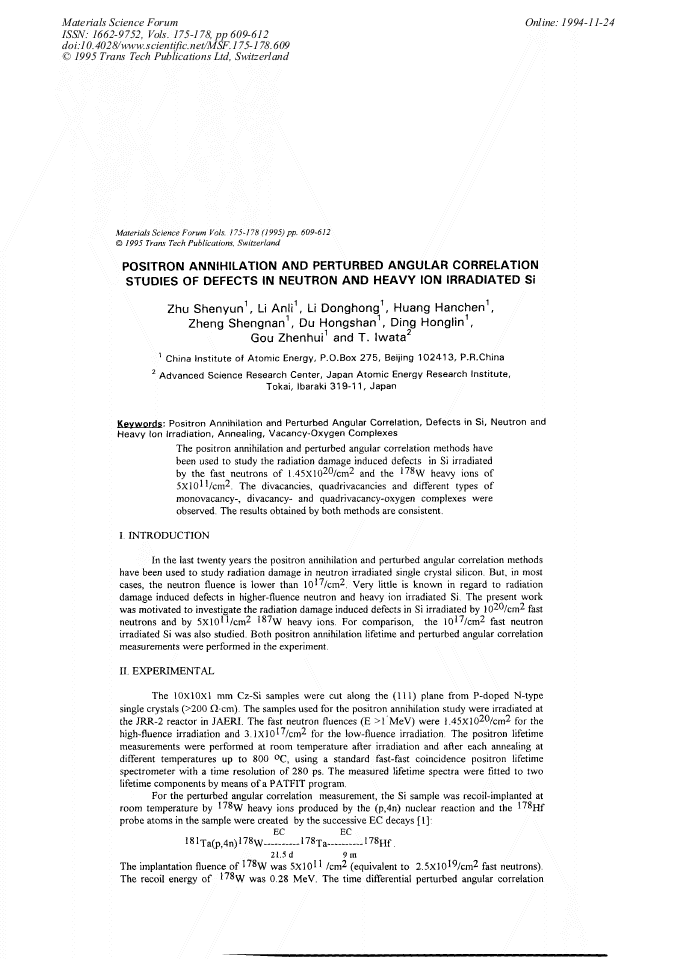 Positron Annihilation and Perturbed Angular Correlation Studies of Defects in Neutron and Heavy ...