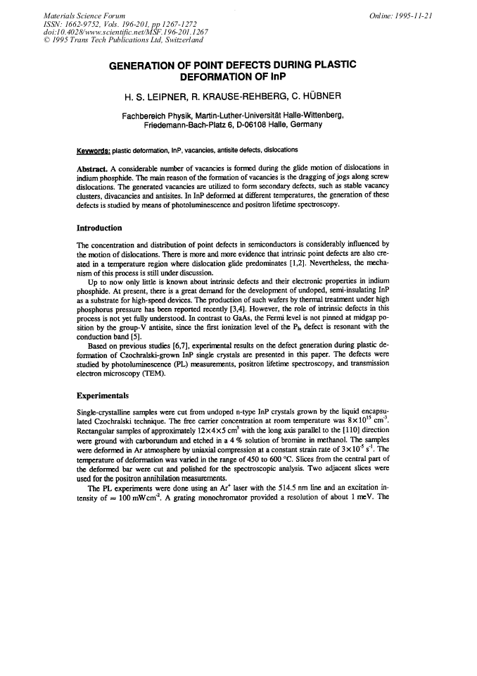 Generation of Point Defects during Plastic Deformation of InP ...