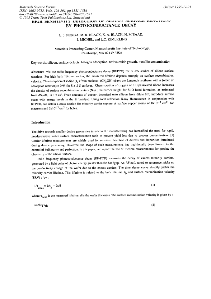 High Sensitivity Detection of Silicon Surface Reactions by ...
