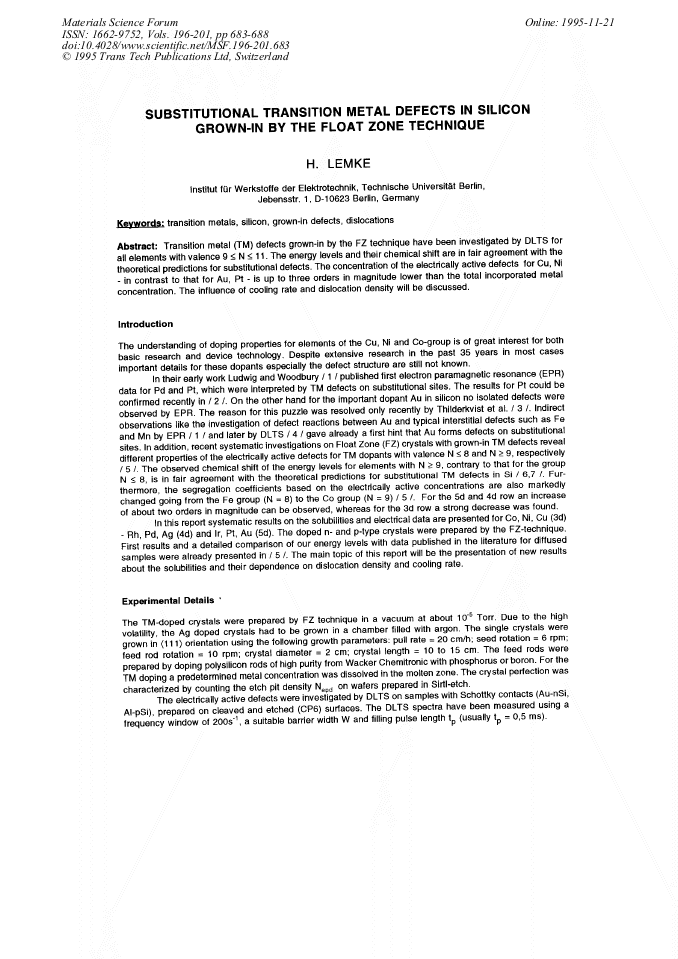 Substitutional Transition Metal Defects in Silicon Grown-In by the ...