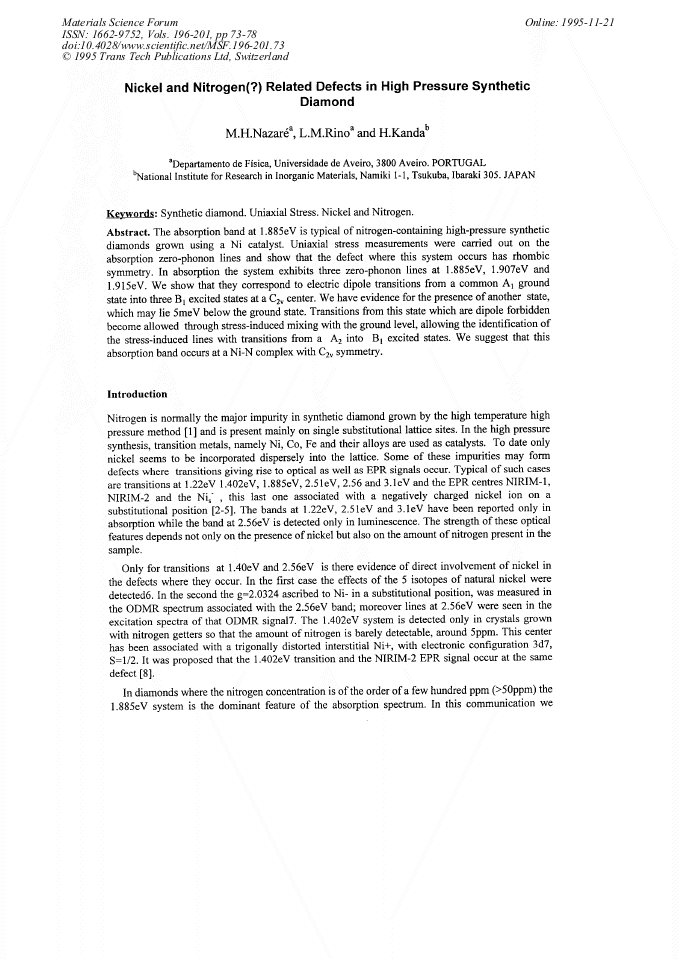 Nickel and Nitrogen(?) Related Defects in High Pressure Synthetic ...