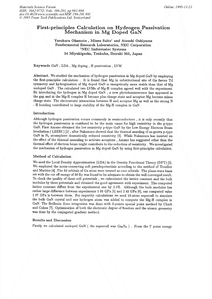 First-Principles Calculation on Hydrogen Passivation Mechanism in Mg ...