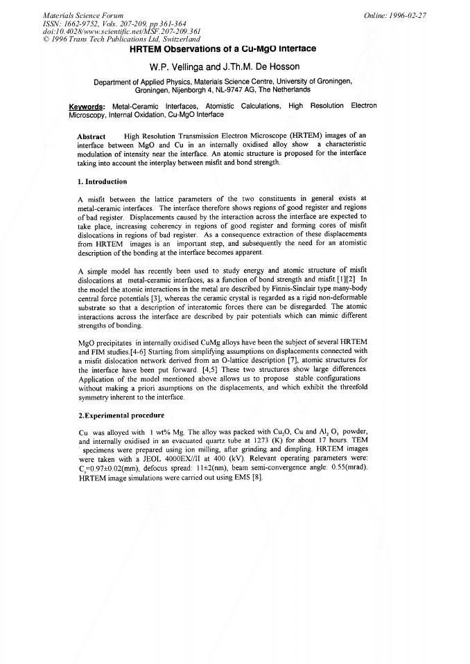 HRTEM Observations of a Cu-MgO Interface | Scientific.Net