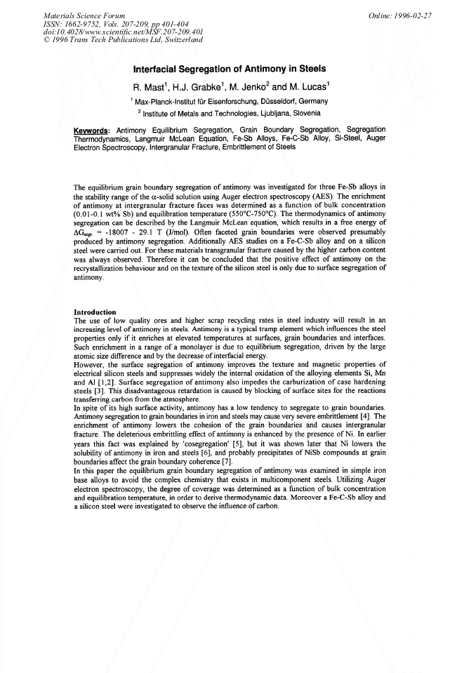 Interfacial Segregation of Antimony in Steel | Scientific.Net