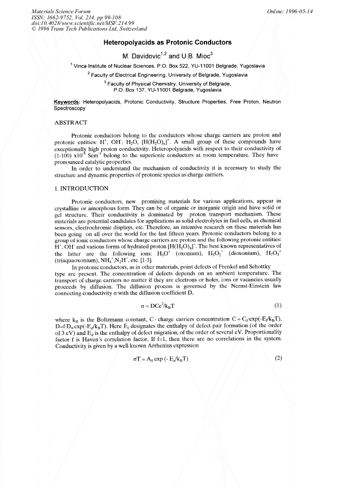 Heteropolyacids as Protonic Conductors | Scientific.Net