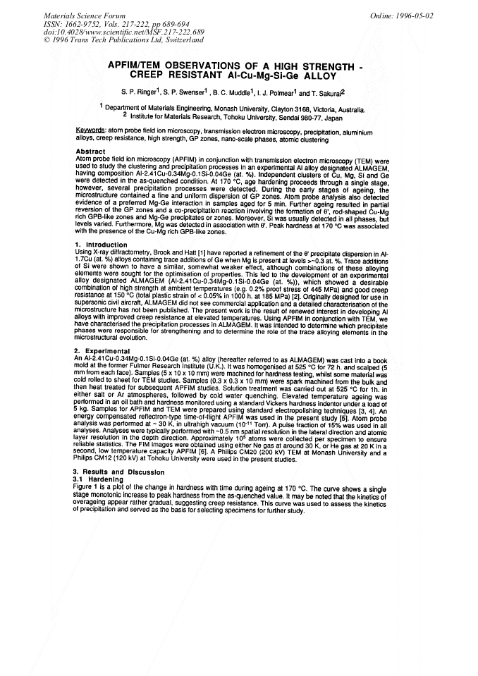 APFIM/TEM Observations of a High Strength-Creep Resistant Al-Cu-Mg-Si ...
