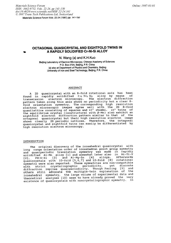 Octagonal Quasicrystal and Eightfold Twins in a Rapidly Solidified Cr ...