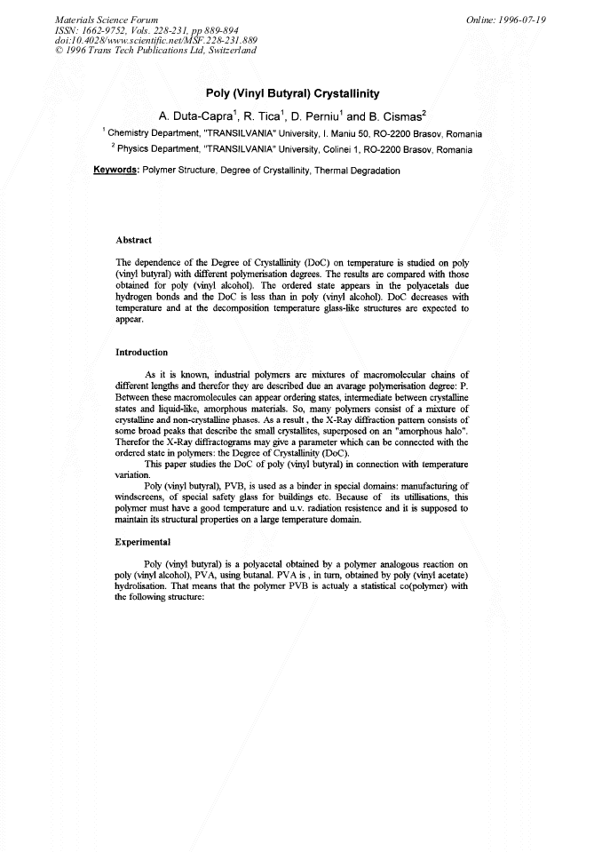 Poly (Vinyl Butyral) Crystallinity | Scientific.Net