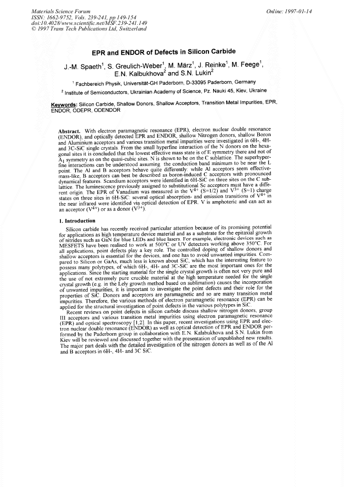 EPR and ENDOR of Defects in Silicon Carbide | Scientific.Net