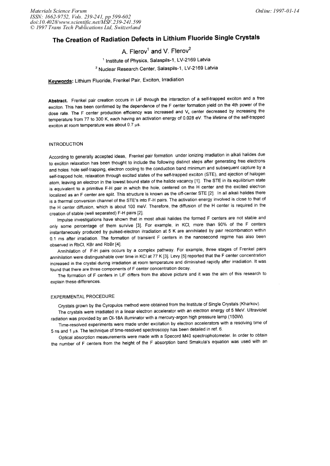 The Creation of Radiation Defects in Lithium Fluoride Single Crystals ...