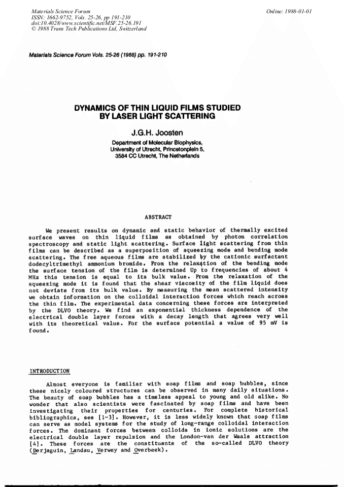 Dynamics of Thin Liquid Films Studied by Laser Light Scattering ...