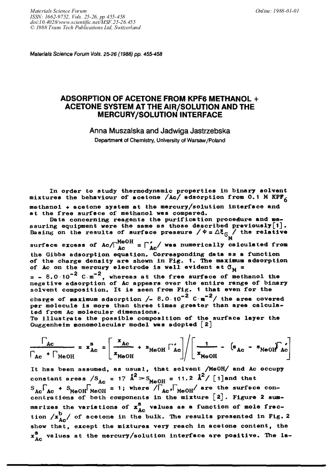 Adsorption of Acetone from KPF6 Methanol + Acetone System at the Air ...