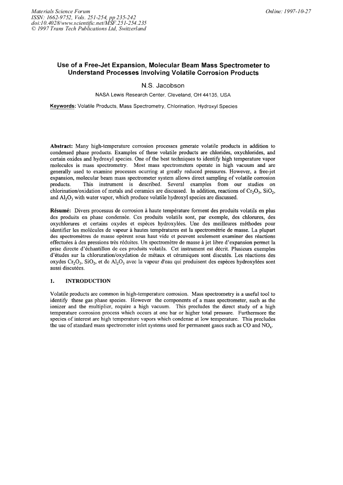 Use of a Free-Jet Expansion, Molekular Beam Mass Spectrometer to ...