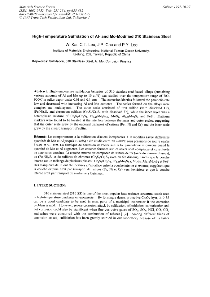 High Temperature Sulfidation of Al-and Mo-Modified 310 Stainless Steel ...