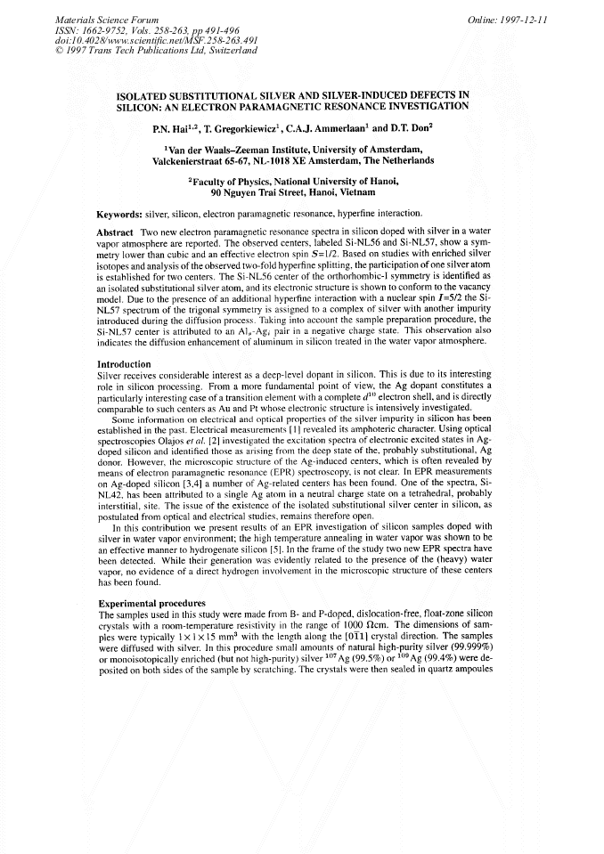 Isolated Substitutional Silver and Silver-Induced Defects in Silicon ...