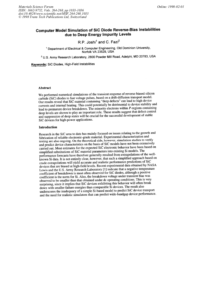 Computer Model Simulation of SiC Diode Reverse-Bias Instabilities due ...