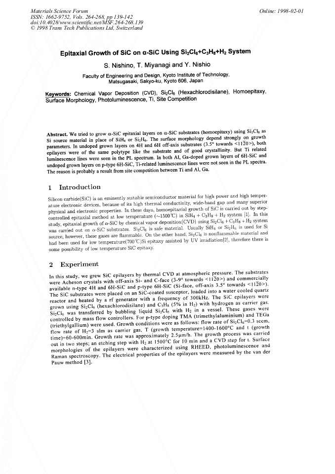 Epitaxial Growth of SiC on α-SiC Using Si2Cl6+C3H8+H2 System ...