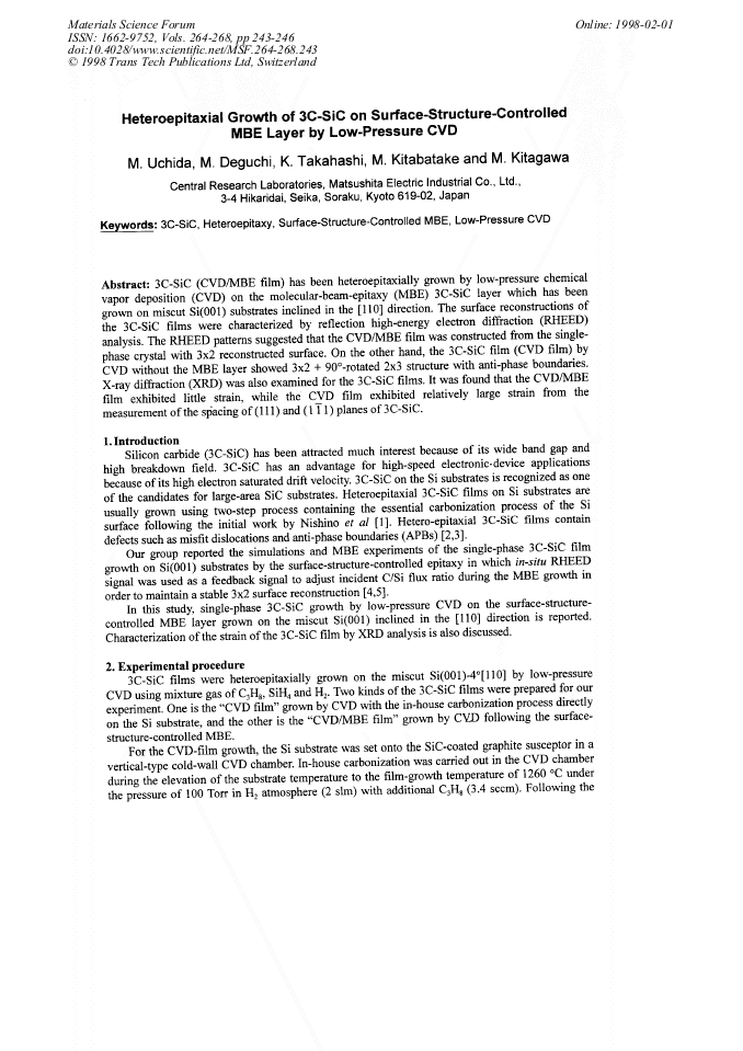 Heteroepitaxial Growth of 3C-SiC on Surface-Structure-Controlled MBE Layer by Low-Pressure CVD ...