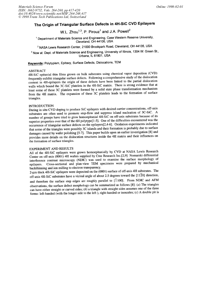 The Origin of Triangular Surface Defects in 4H-SiC CVD Epilayers ...