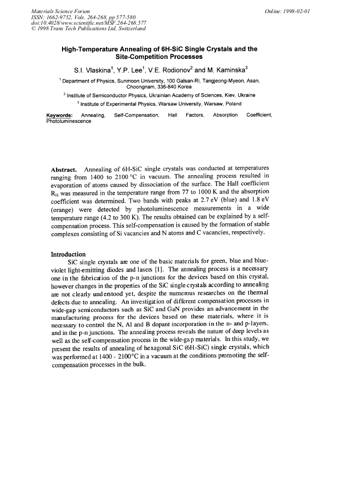 High-Temperature Annealing of 6H-SiC Single Crystals and the Site ...