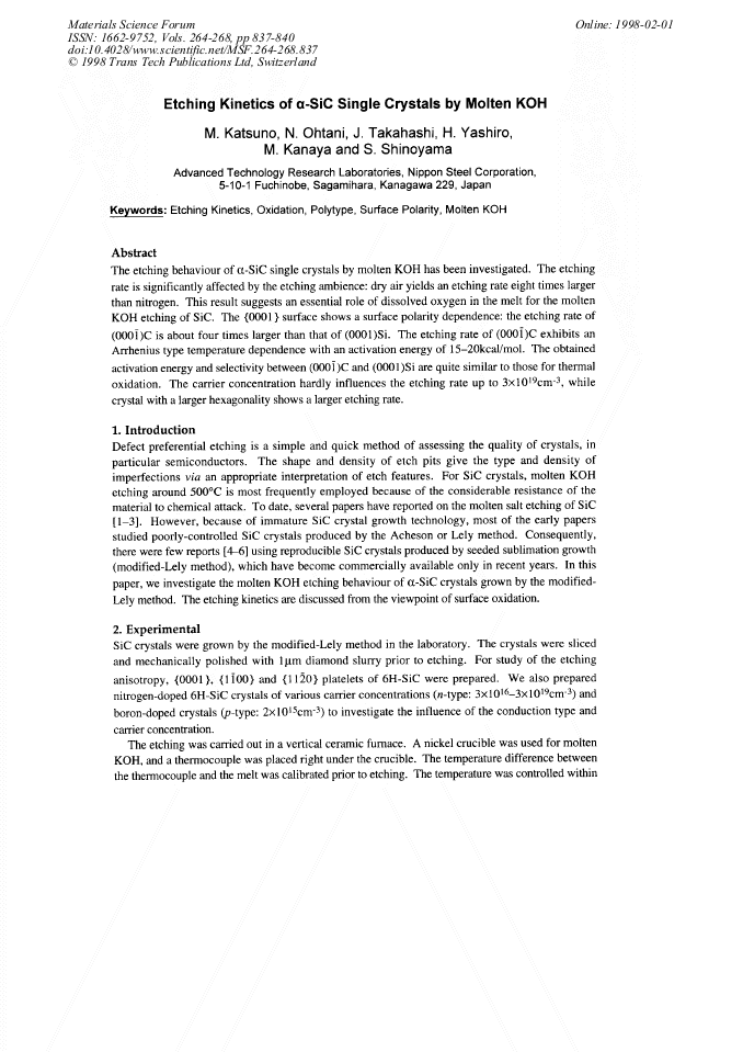 Etching Kinetics of α-SiC Single Crystals by Molten KOH | Scientific.Net