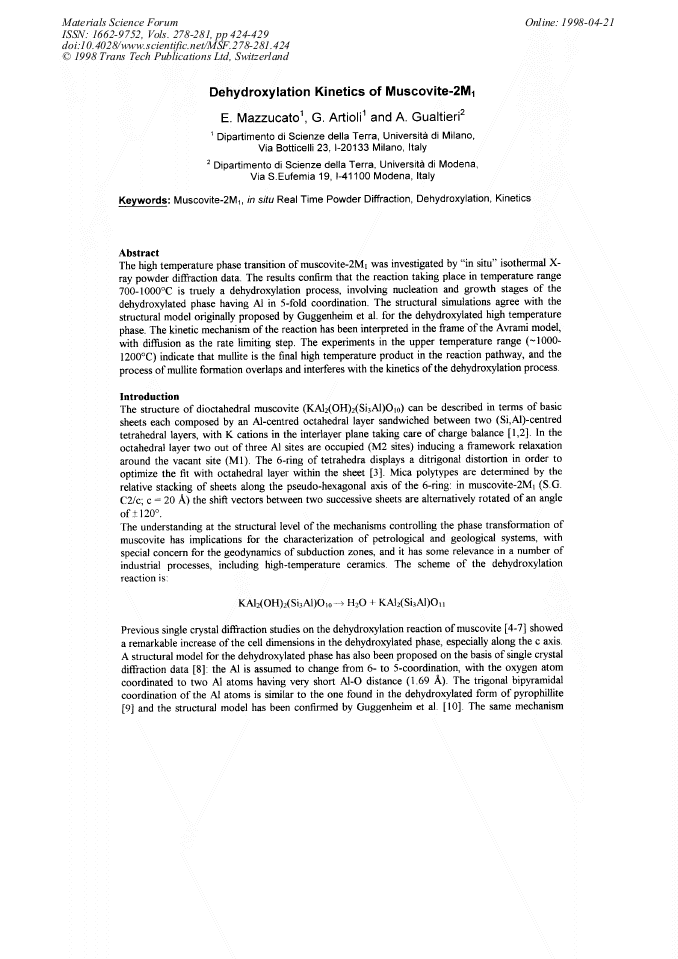 Dehydroxylation Kinetics of Muscovite-2M1 | Scientific.Net