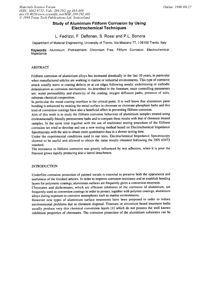 Study of Aluminium Filiform Corrosion by Using Electrochemical ...