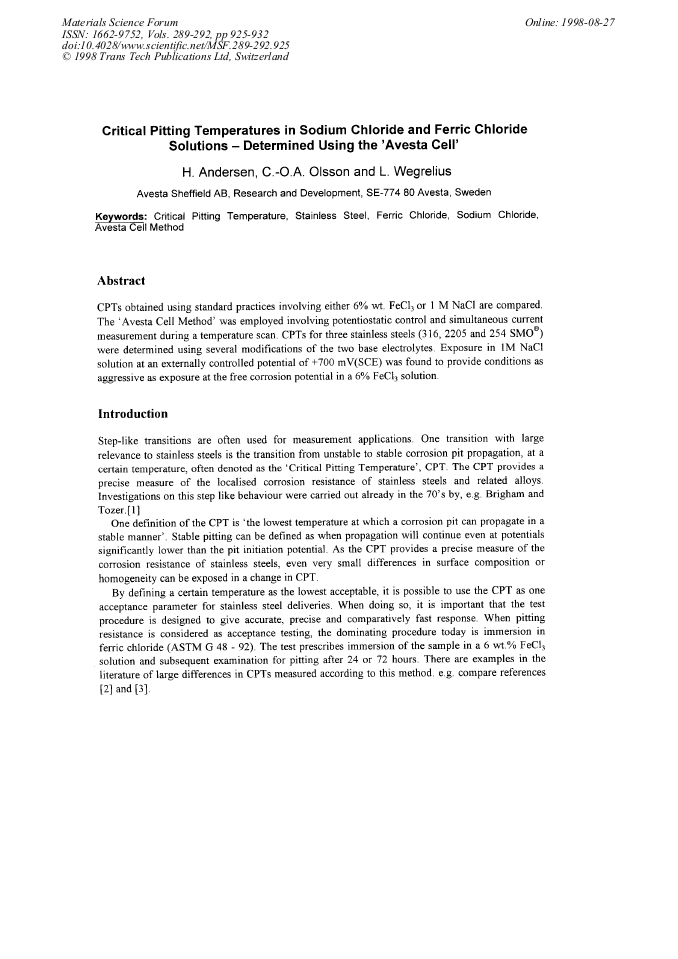 Critical Pitting Temperatures in Sodium Chloride and Ferric Chloride ...