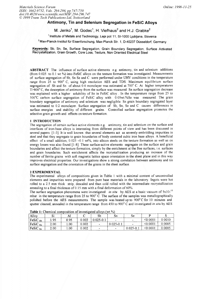 Antimony, Tin and Selenium Segregation in FeSiC Alloys | Scientific.Net