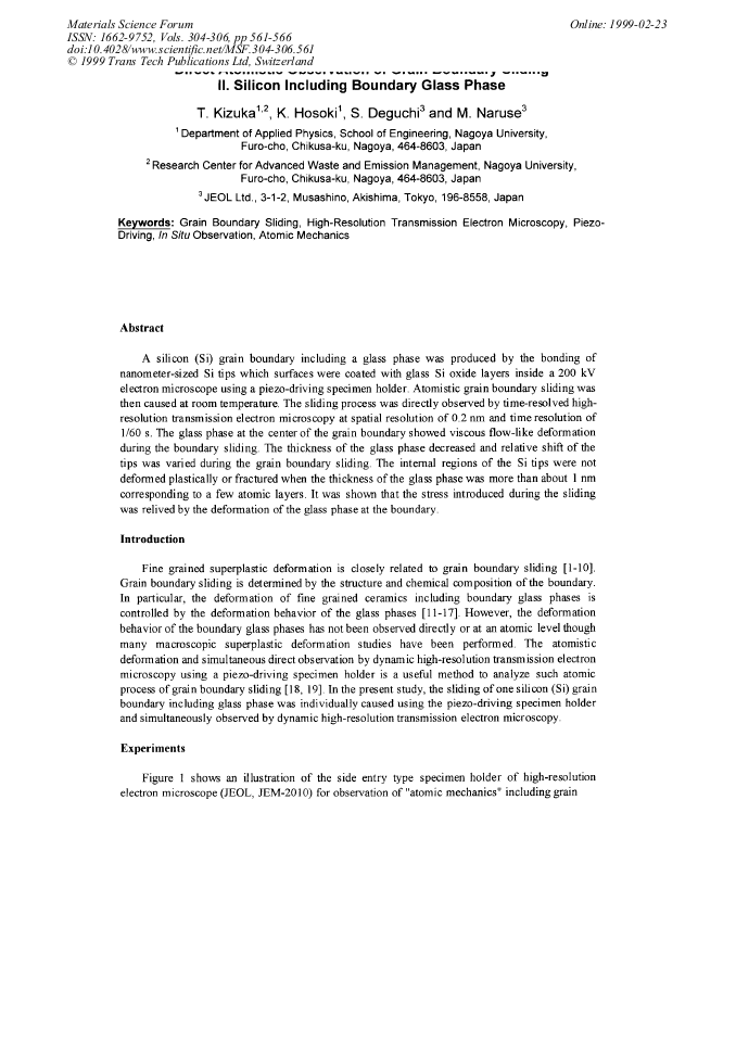 Direct Atomistic Observation Of Grain Boundary Sliding Ii Silicon Including Boundary Glass