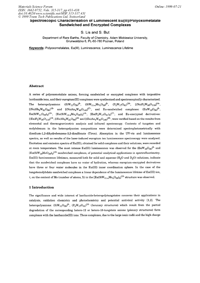 Spectroscopic Characterisation of Luminescent Eu(III)/Polyoxometalate ...