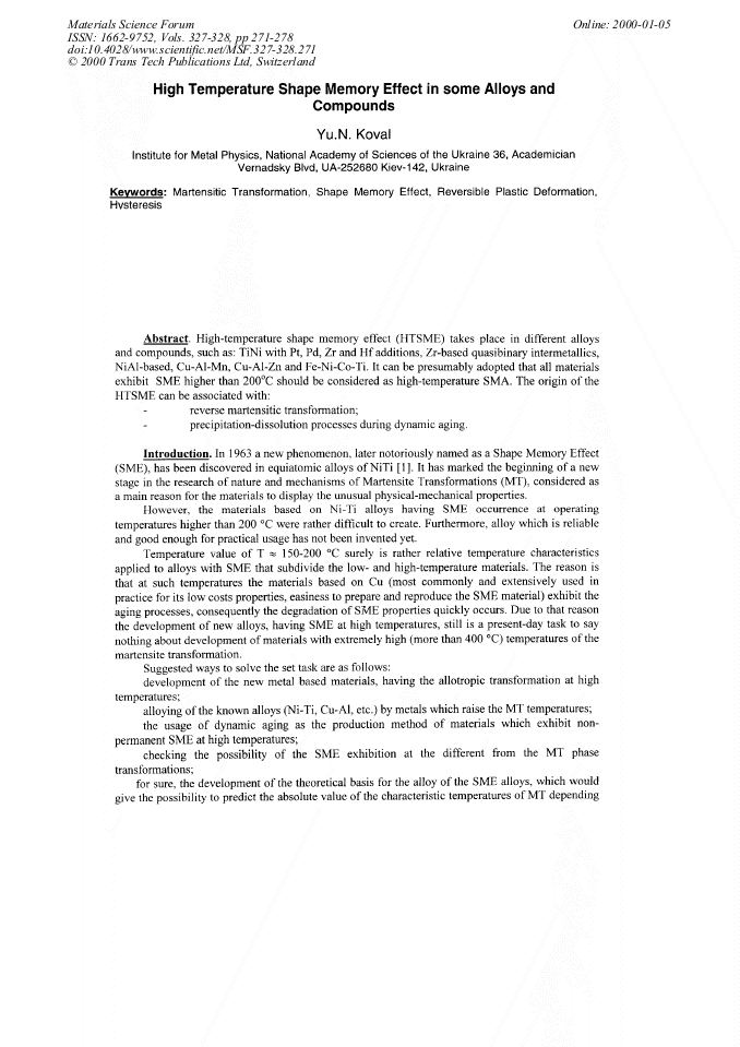 High Temperature Shape Memory Effect in Some Alloys and Compounds ...