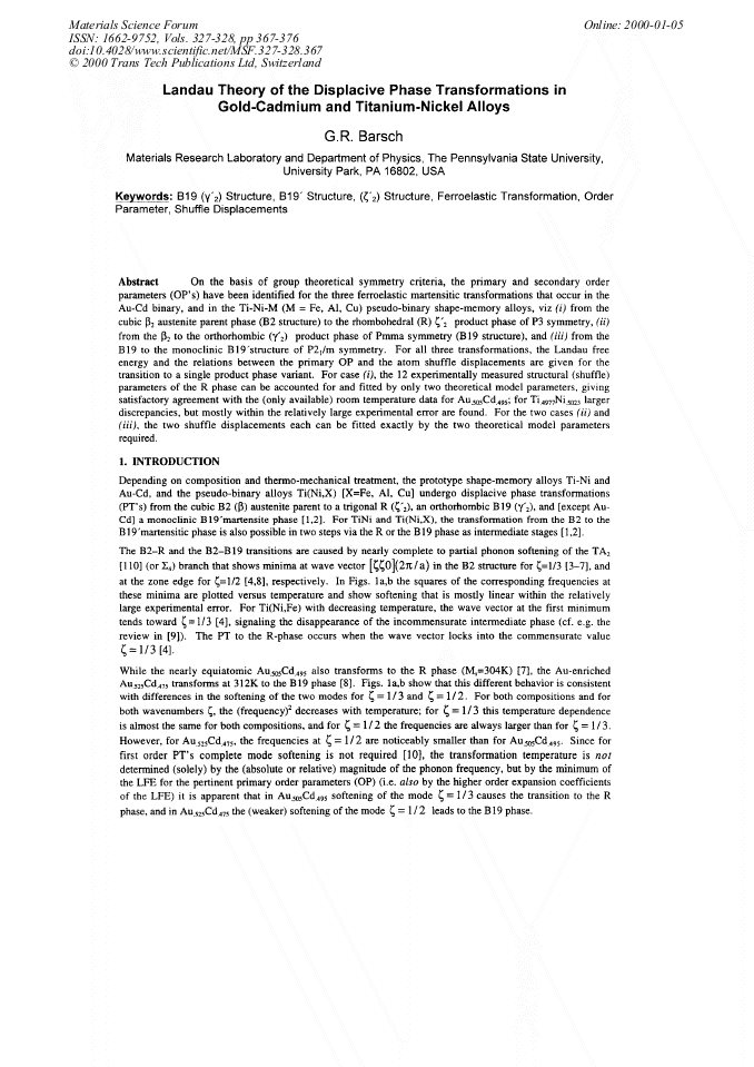 Landau Theory of the Displacive Phase Transformations in Gold-Cadmium ...